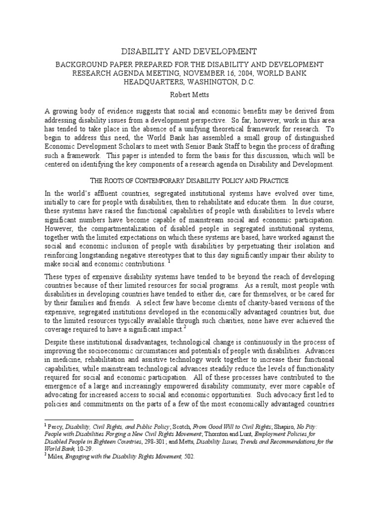 DISABILITY AND DEVELOPMENT Robert Metts PDF | PDF | Disability | Poverty