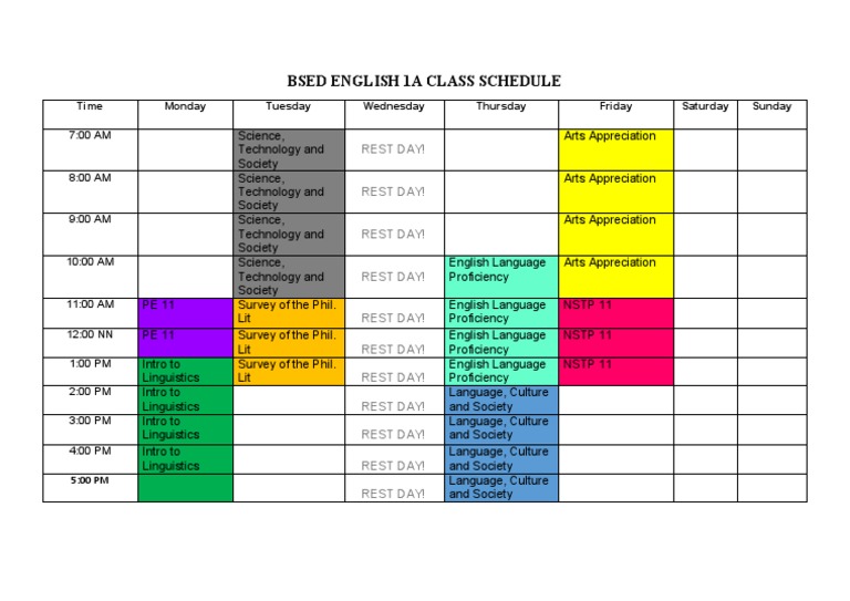 Bsed English 1A Class Schedule: Time Monday Tuesday Wednesday Thursday ...