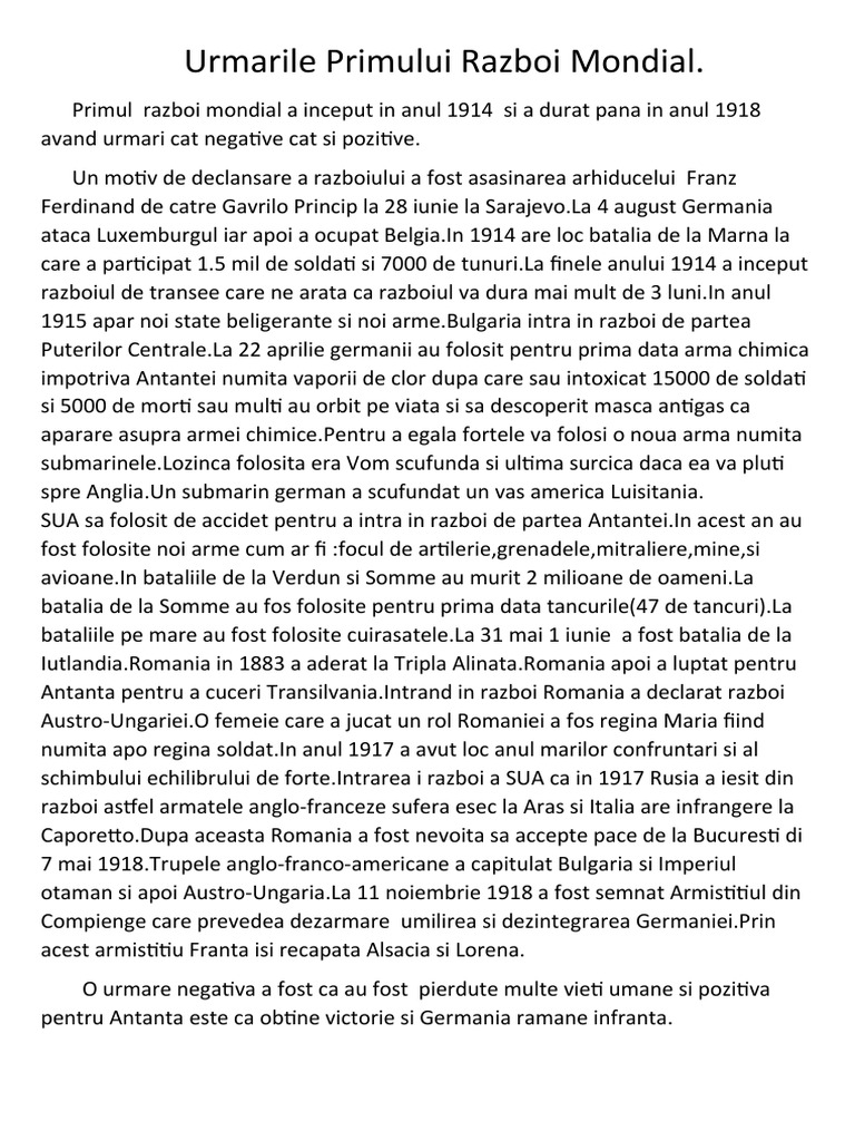 Urmarile Primului Razboi Mondial | PDF