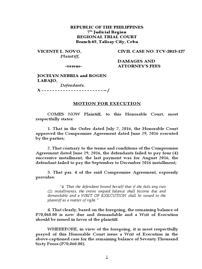 Motion for Execution of Damages | PDF | Separation Of Powers | Virtue