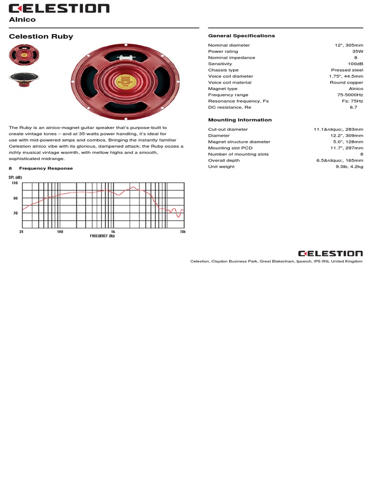 Alnico Celestion Ruby: General Specifications | PDF | Force ...