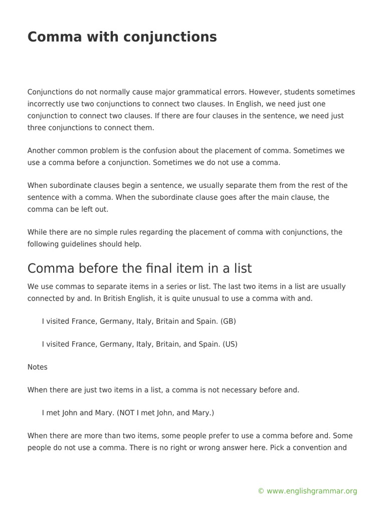 Comma With Conjunctions: Comma Before The Final Item in A List | PDF ...