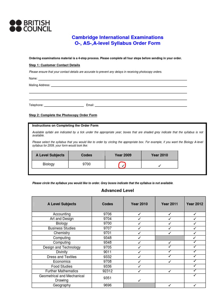 Cambridge International Examinations O-, AS-,A-level Syllabus Order ...