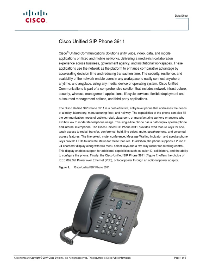 Cisco Unified SIP Phone 3911: Data Sheet | PDF | Session Initiation Protocol | Voicemail