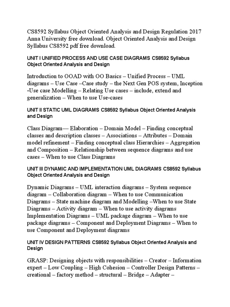 CS8592 Syllabus Object Oriented Analysis and Design | PDF