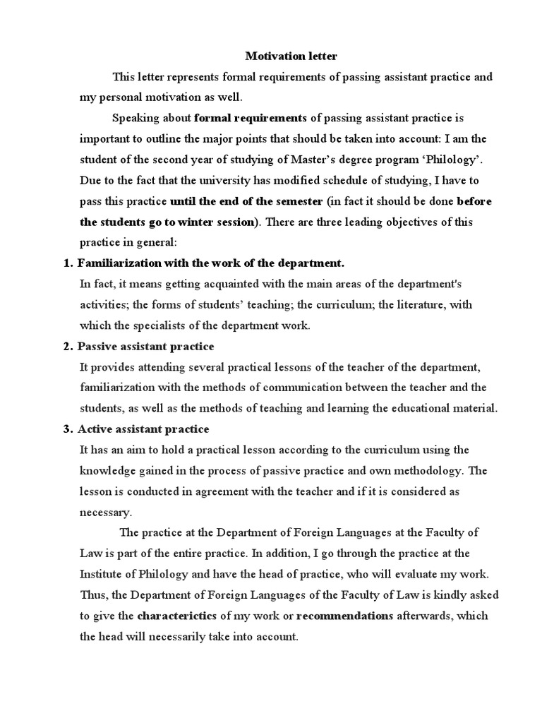 Motivation Letter: Passive Assistant Practice | PDF | Academic Degree ...