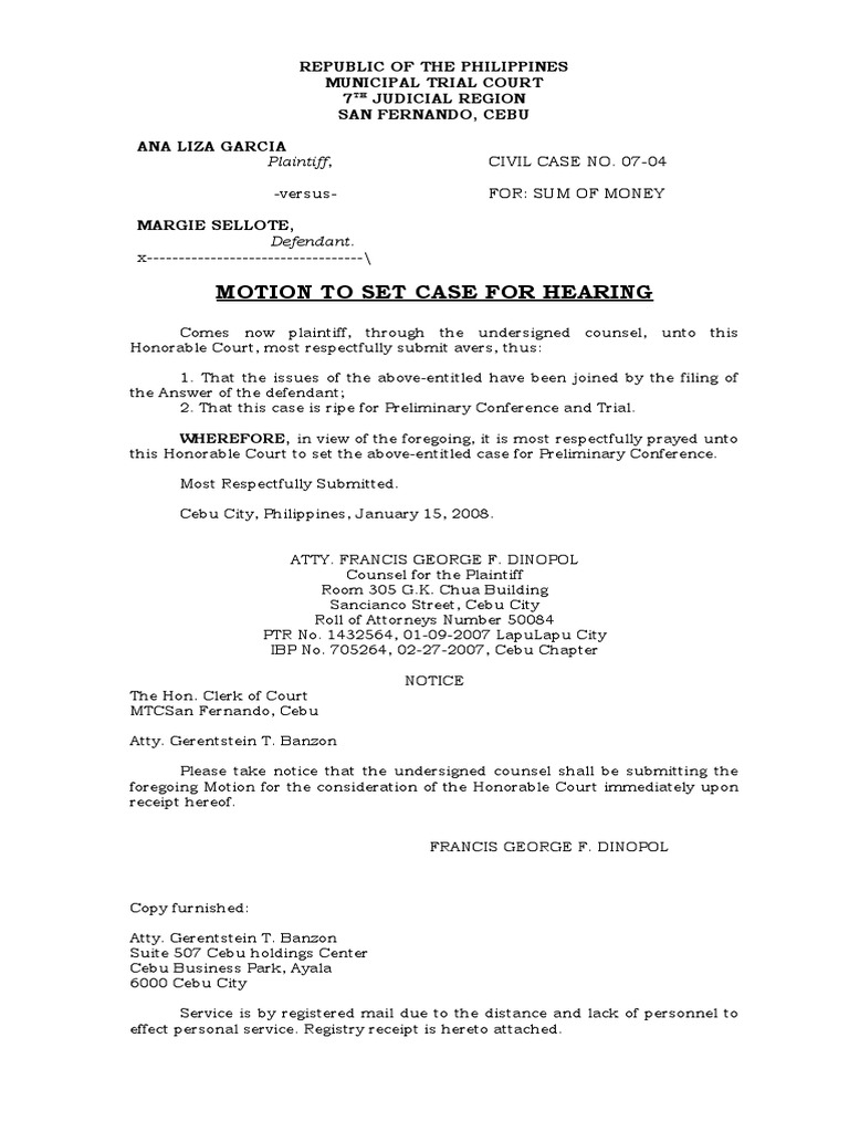 Motion Set Hearing Sellote | PDF