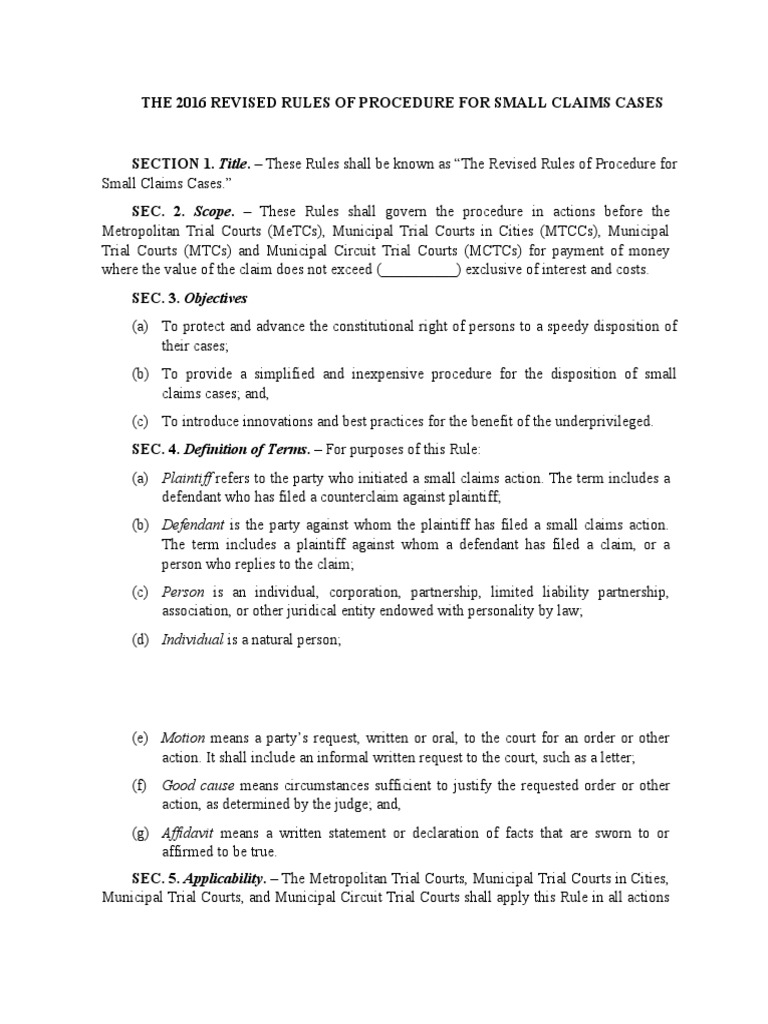 Revised Rules of Procedure For Small Claims Cases | PDF | Lawsuit ...