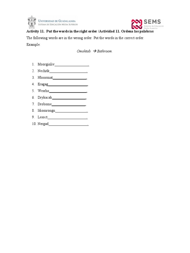 Word Order Activity for Vocabulary Skills | PDF | Language Arts ...