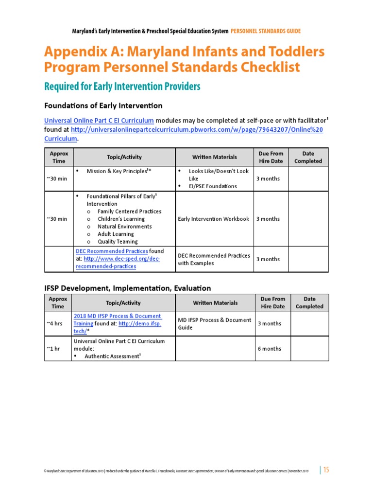 Appendix A: Maryland Infants and Toddlers Program Personnel Standards ...