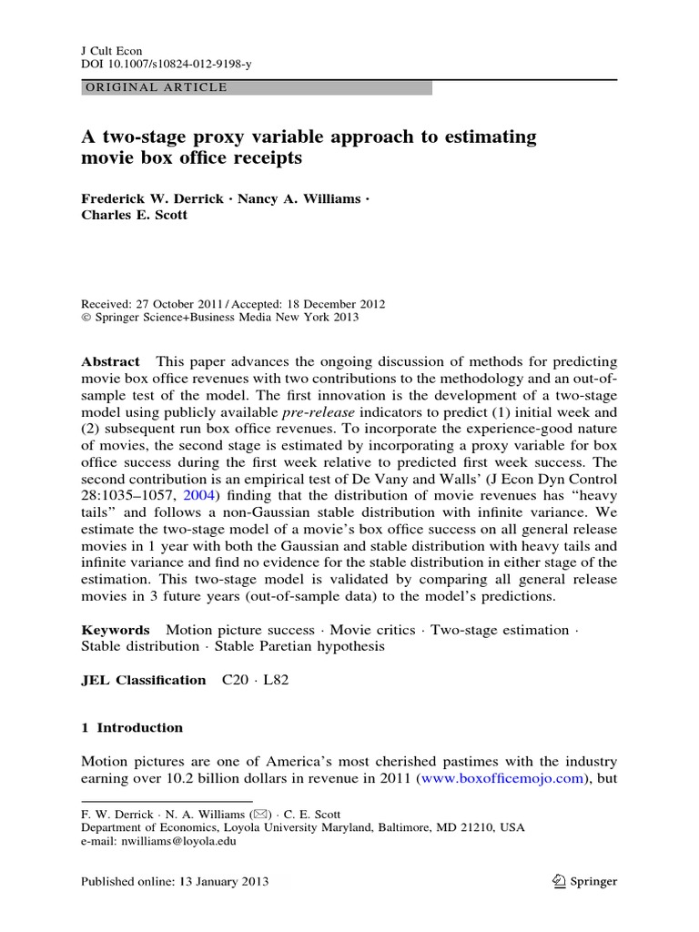 A Two-Stage Proxy Variable Approach To Estimating Movie Box Office Receipts | PDF | Ordinary ...