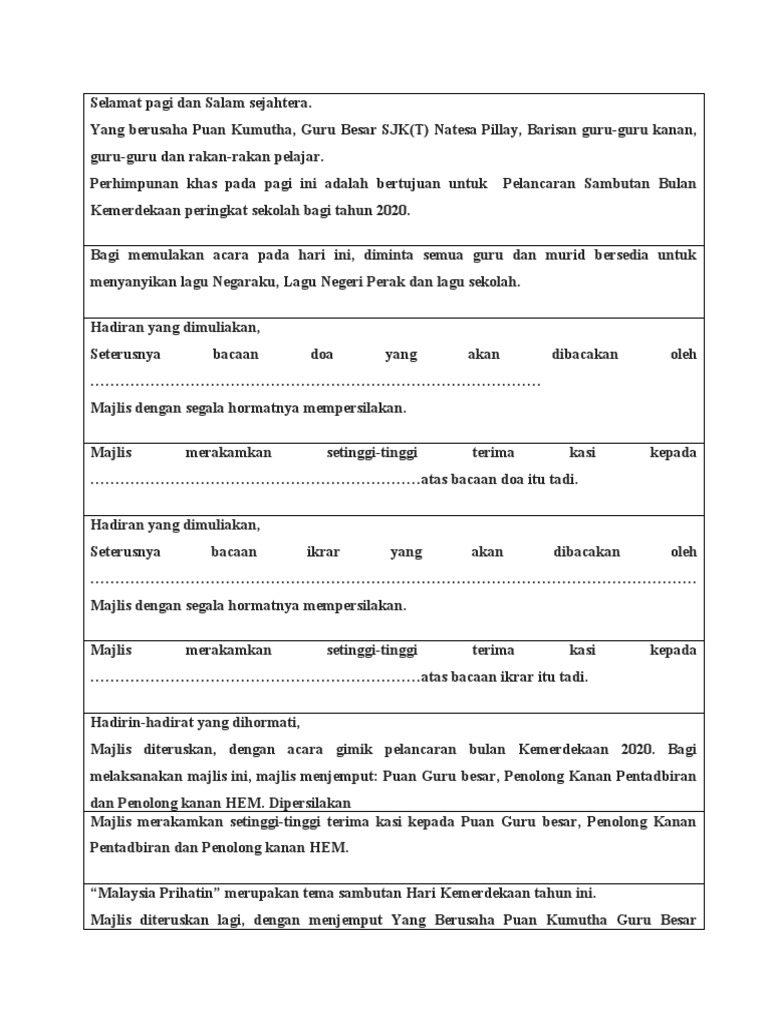 Teks Pengacara Majlis Pelancaran Bulan Kemerdekaan 2020 | PDF Teks Pengacara Majlis Pelancaran Bulan Kemerdekaan 2020 | PDF
