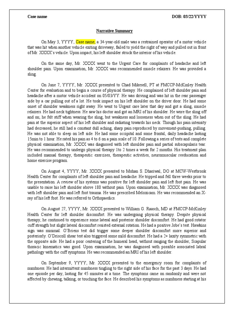 Sample - Narrative Summary | PDF | Shoulder | Human Anatomy