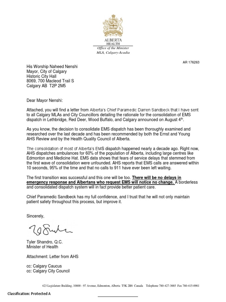 Letter To Mayor Nenshi Re: EMS Dispatch Consolidation | PDF ...