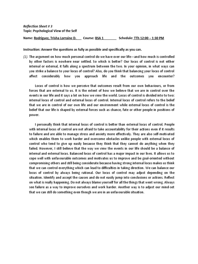 Reflection Sheet # 3 - Psychological Perspective | PDF | Behavior ...