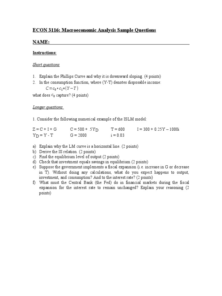 ECON 3116: Macroeconomic Analysis Sample Questions Name:: Instructions ...