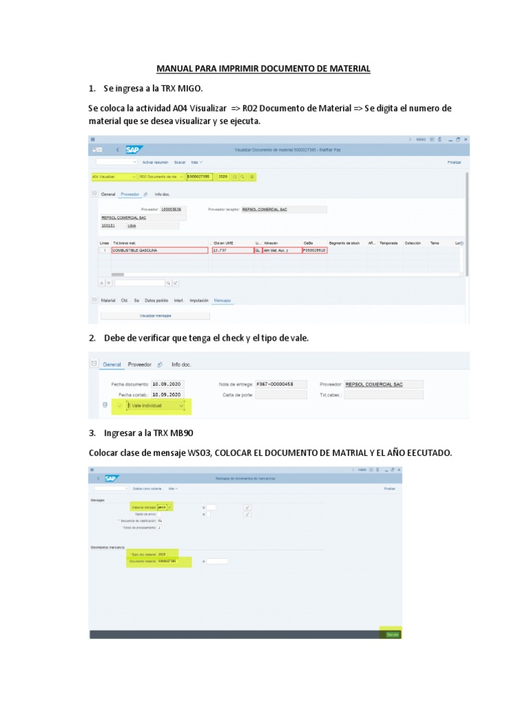 Manual para Imprimir Documento de Material Sap | PDF