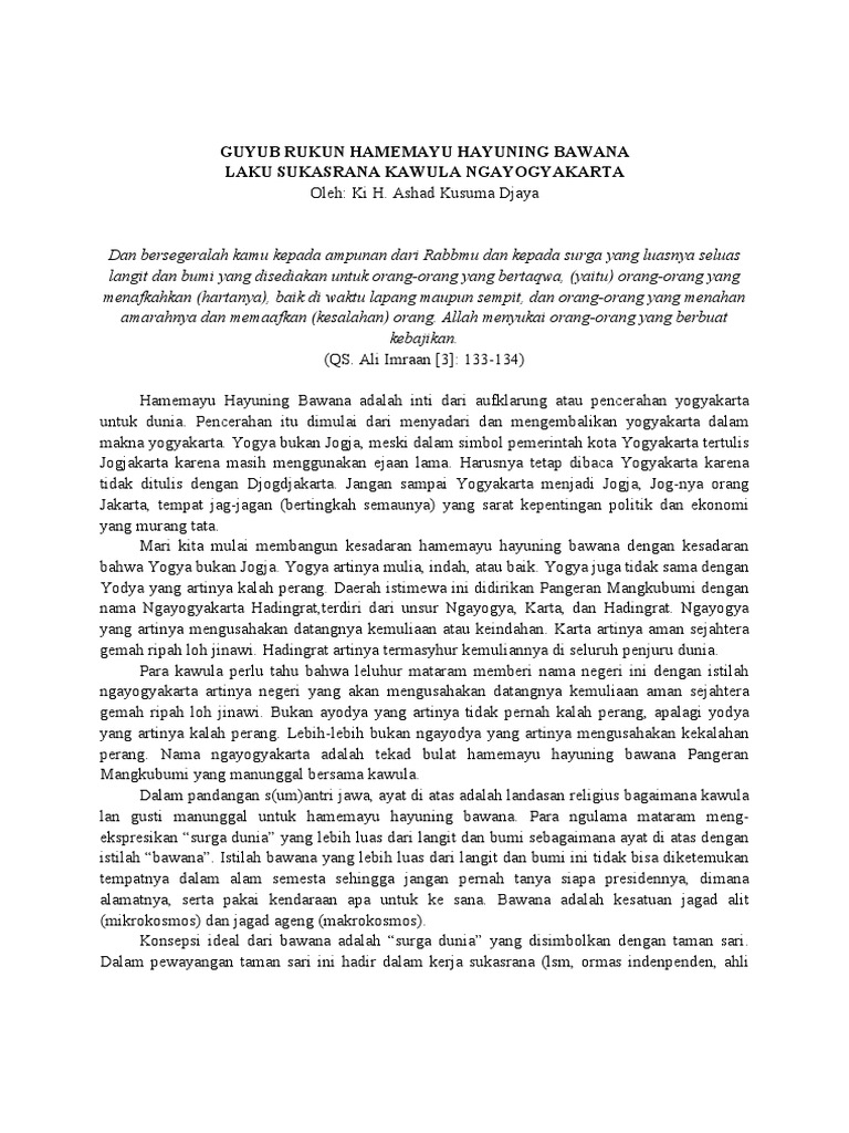 Guyub Rukun Hamemayu Hayuning Bawana Kawula Ngayogyakarta | PDF