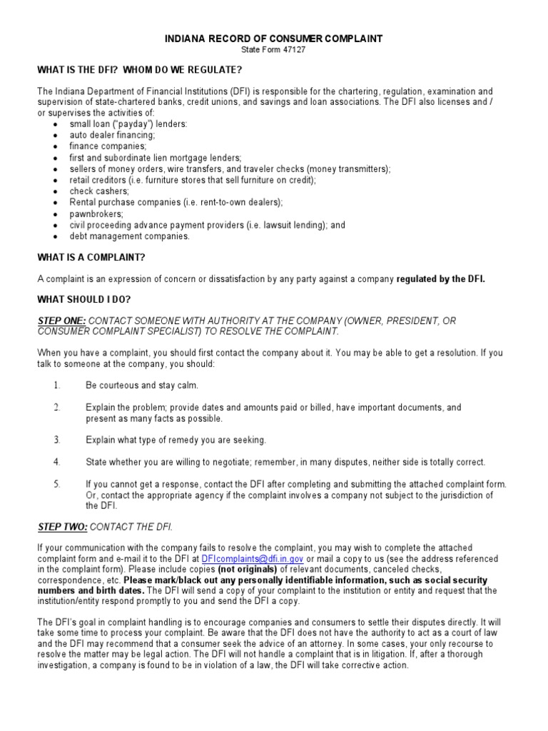 Indiana Consumer Complaint Guide | PDF | Complaint | Loans