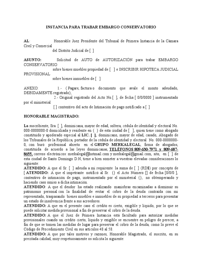 Solicitud de Embargo Conservatorio | PDF | Hipoteca Comercial ...