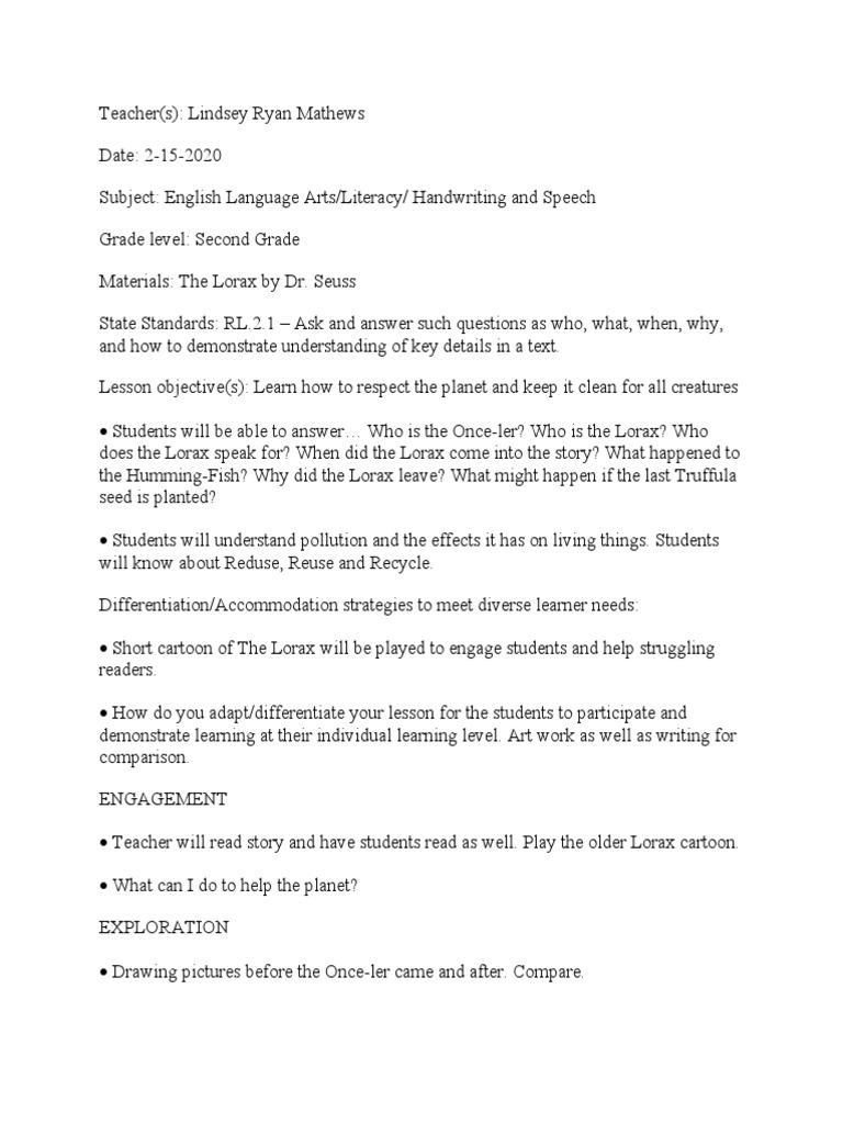 Lesson Plan - The Lorax | PDF