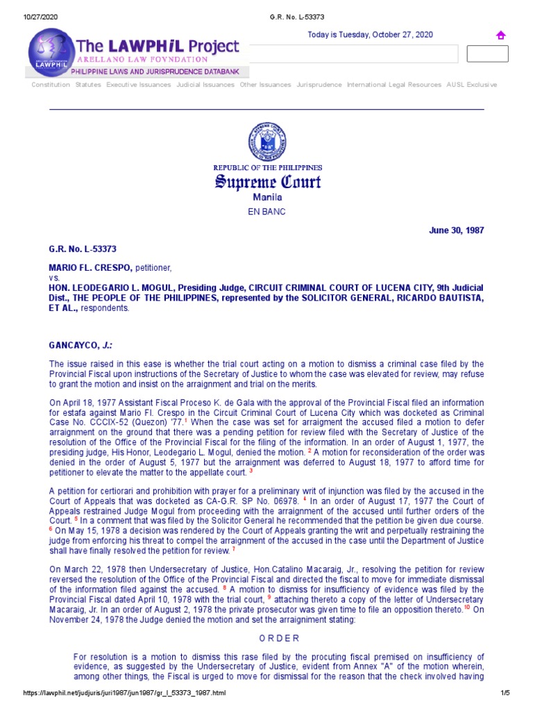 Crespo V Mogul, 151 Scra 462 | PDF | Prosecutor | Complaint