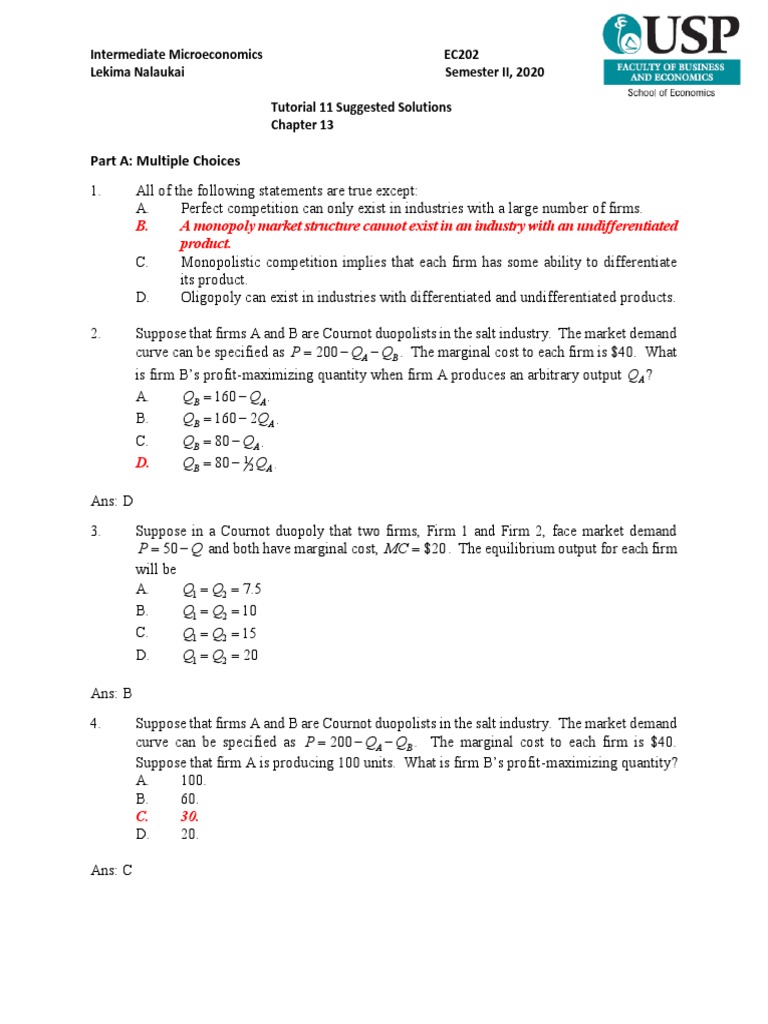 Tutorial 11 Suggested Solutions | PDF | Oligopoly | Perfect Competition