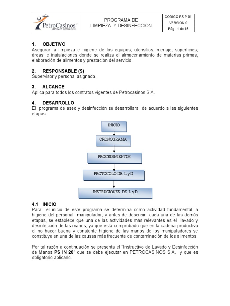 PS P 01 Programa Limpieza y Desinfeccion PDF | PDF | Detergente | Agua