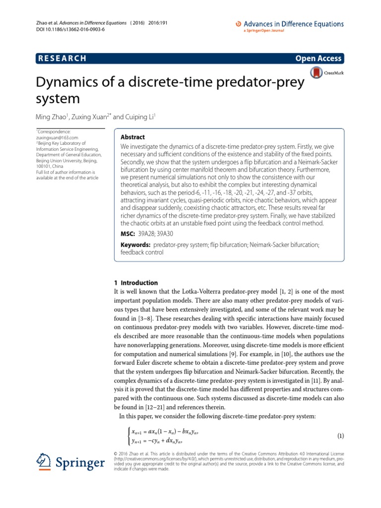 Dynamics of A Discrete-Time Predator-Prey System: Research Open Access | PDF | Chaos Theory ...