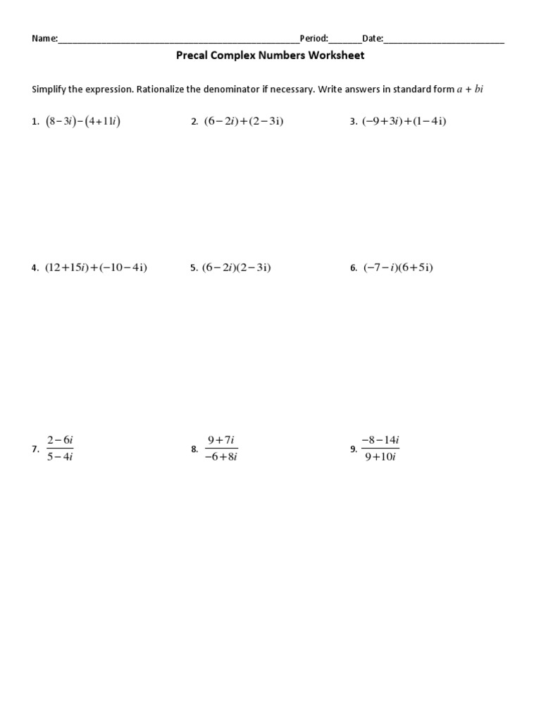 Precalculus Complex Numbers Worksheet | PDF | Finance & Money ...