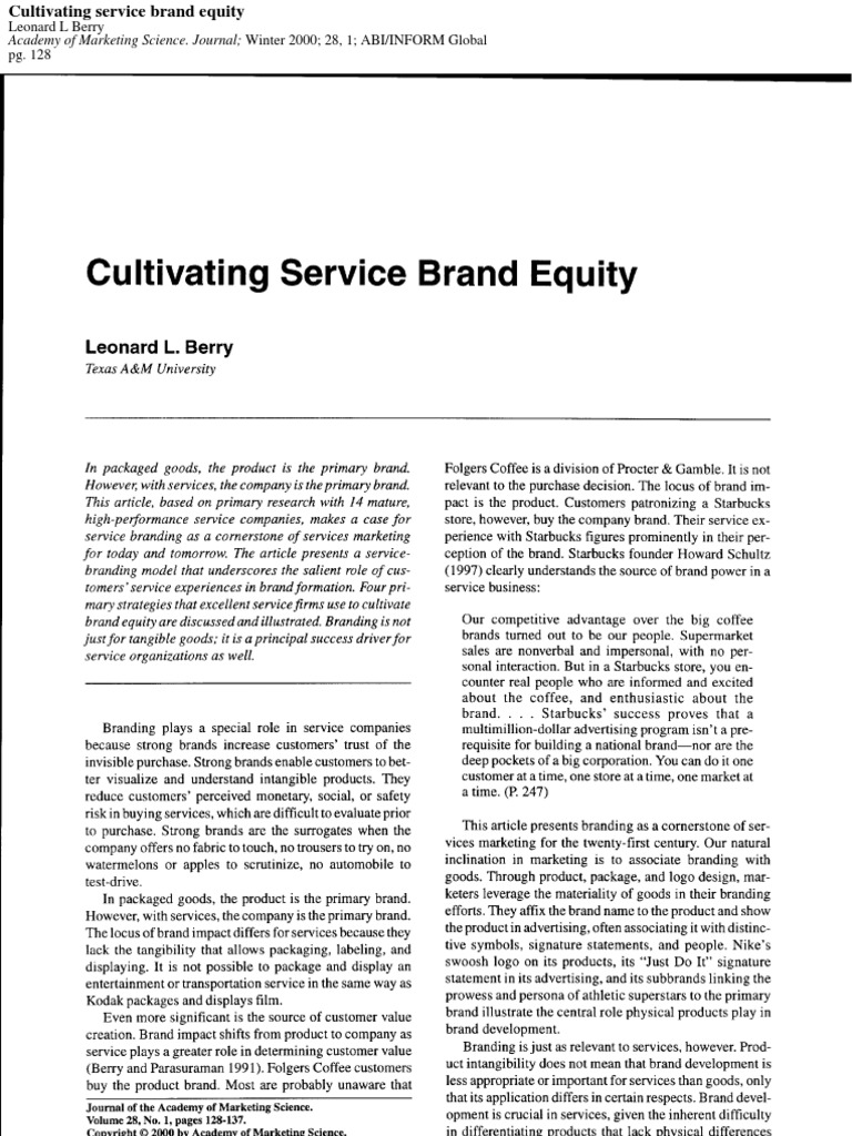 Cultivating Service Brand Equity | PDF