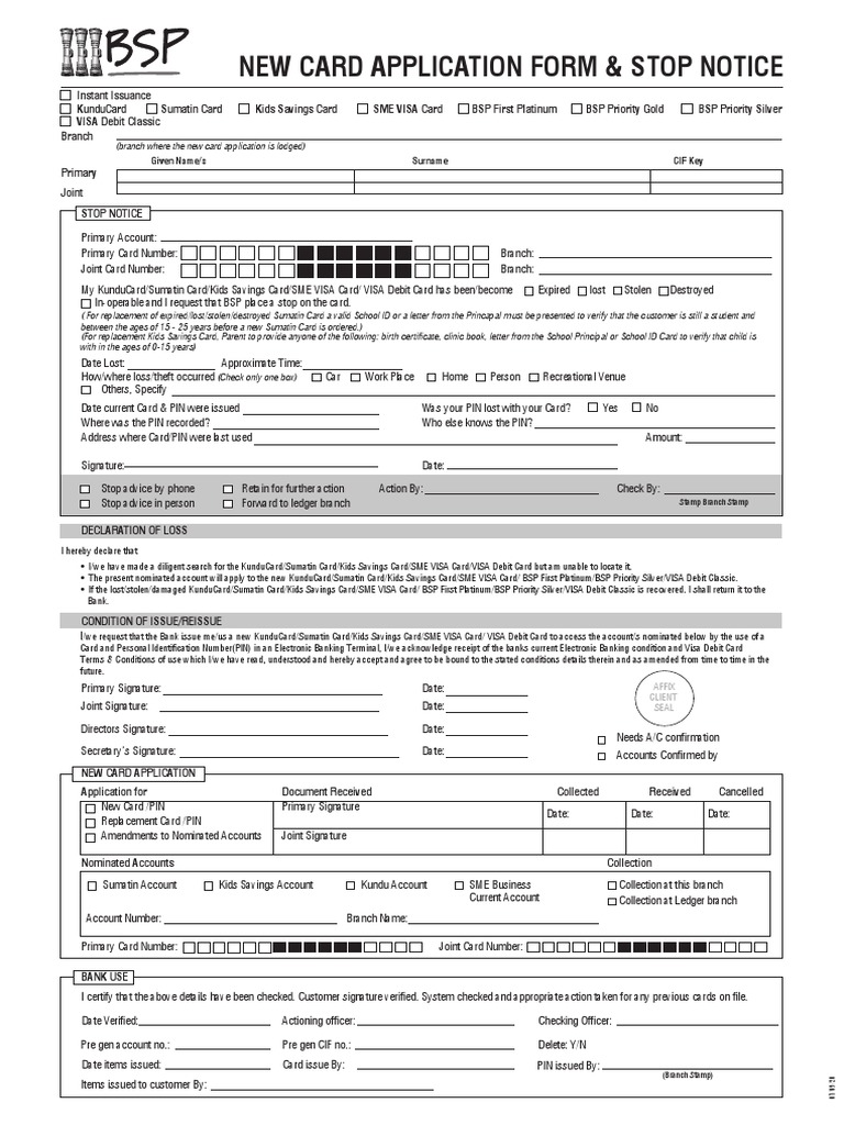 New Card Application Form & Stop Notice: Given Name/s Surname Cif Key ...