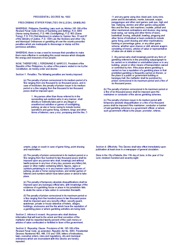 Presidential Decree No. 1602 Prescribing Stiffer Penalties On Illegal ...