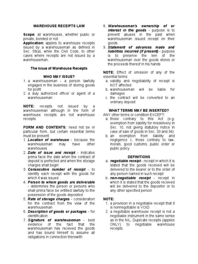 Warehouse Receipts Law Notes | PDF | Lien | Conversion (Law)