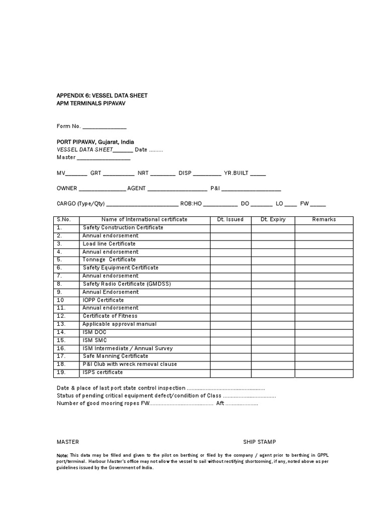 Vessel Data Sheet - Date | PDF | Business | Finance & Money Management