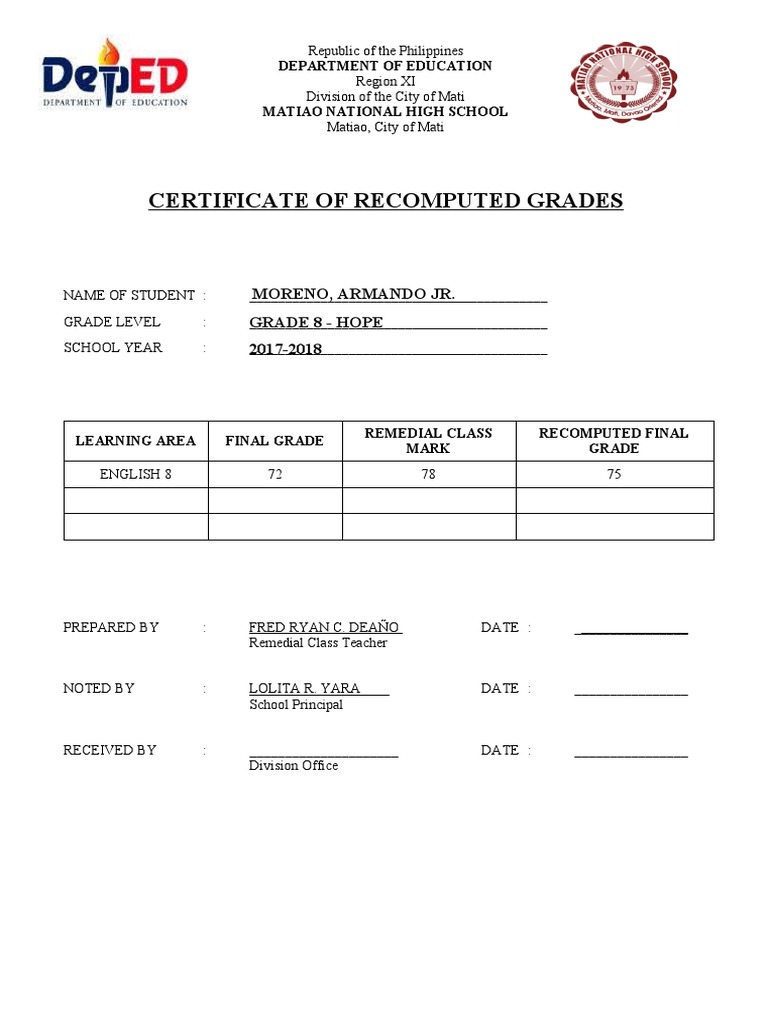 Certificate of Recomputed Grades: Moreno, Armando Jr. Grade 8 - Hope ...