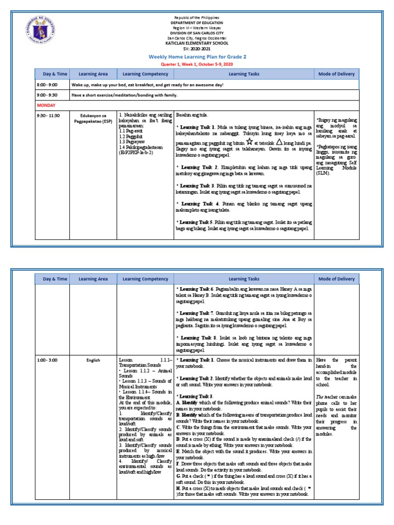 Weekly Home Learning Plan Grade 2 | PDF