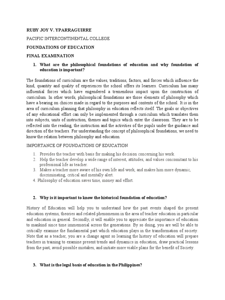 Foundations of Education Final Exam | PDF | Curriculum | Teachers