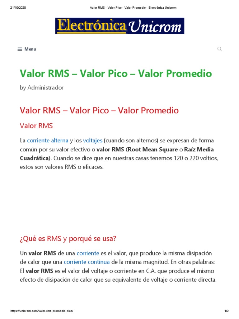 Valor RMS - Valor Pico - Valor Promedio - Electrónica Unicrom PDF | PDF ...
