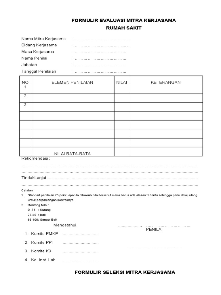 Formulir Seleksi Dan Evaluasi Kerjasama Mitra Kerja Rumah Sakit | PDF