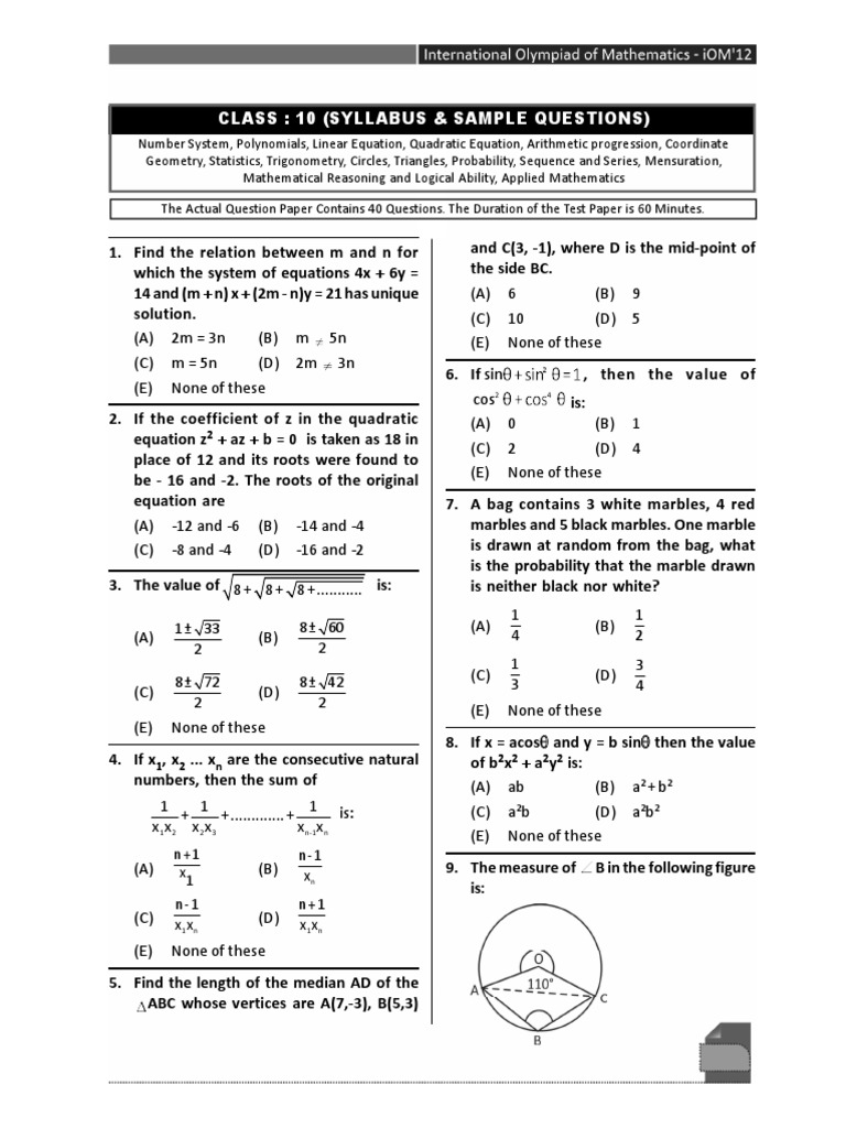 Class: 10 (Syllabus & Sample Questions) | PDF | Quadratic Equation ...