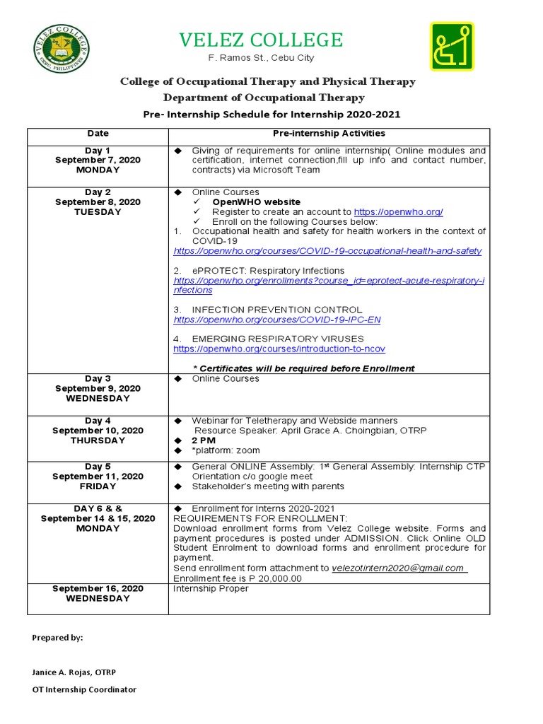 Pre Internship Schedule For Internship 2020 2021 | PDF | Health ...