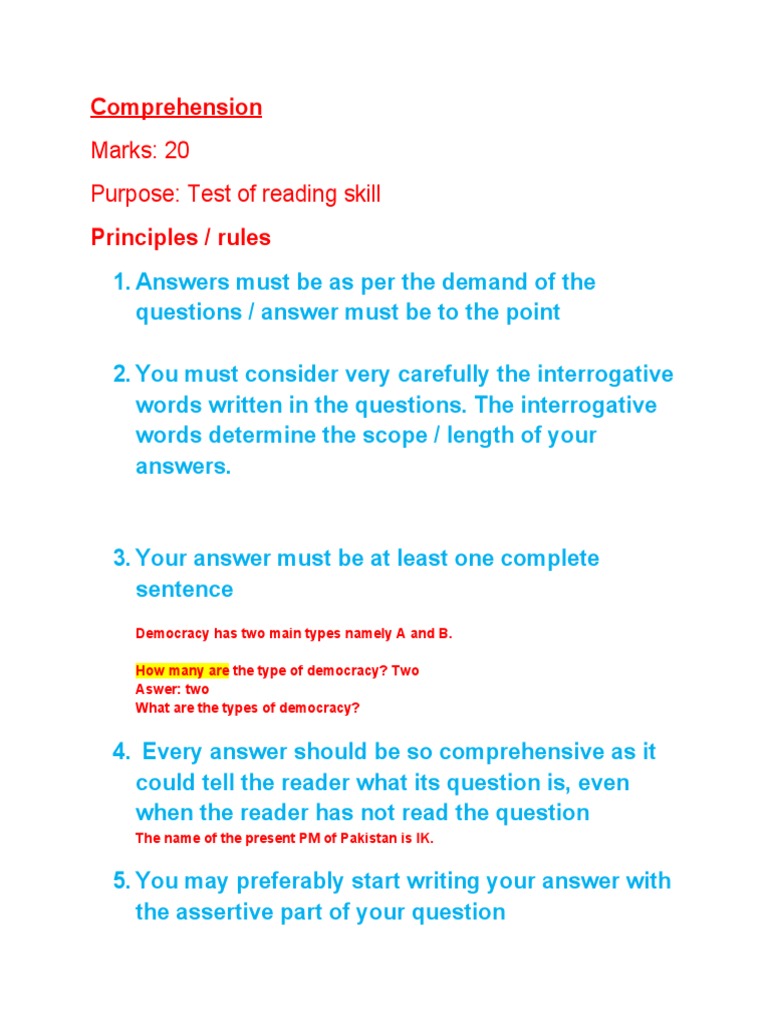 Marks: 20 Purpose: Test of Reading Skill: Comprehension | PDF ...
