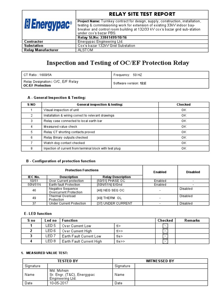 Inspection and Testing of OC/EF Protection Relay: Relay Site Test ...