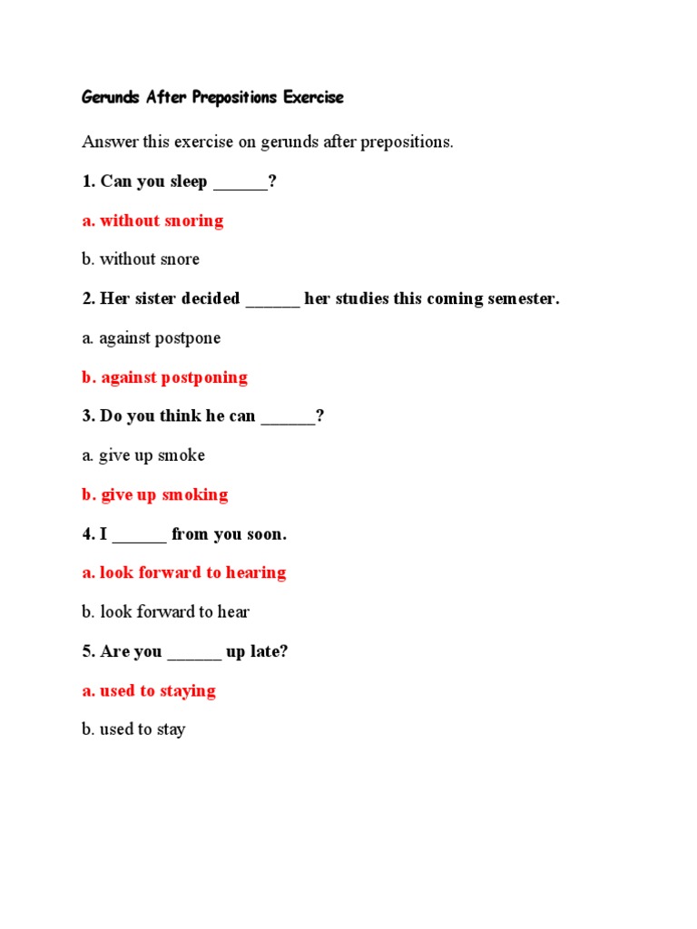 Gerunds After Prepositions Exercise | PDF