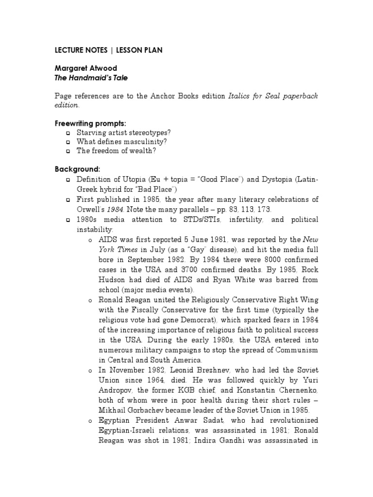 The Handmaid's Tale: Lecture Notes - Lesson Plan Margaret Atwood | PDF ...