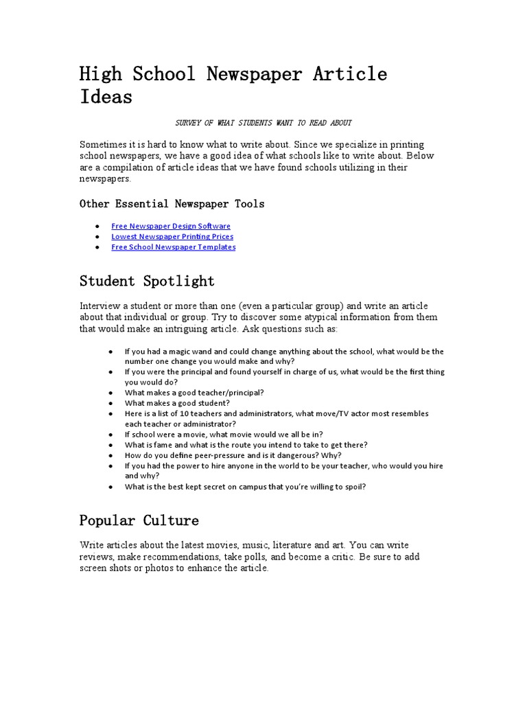 High School Newspaper Article Ideas | PDF | Newspapers | Communication