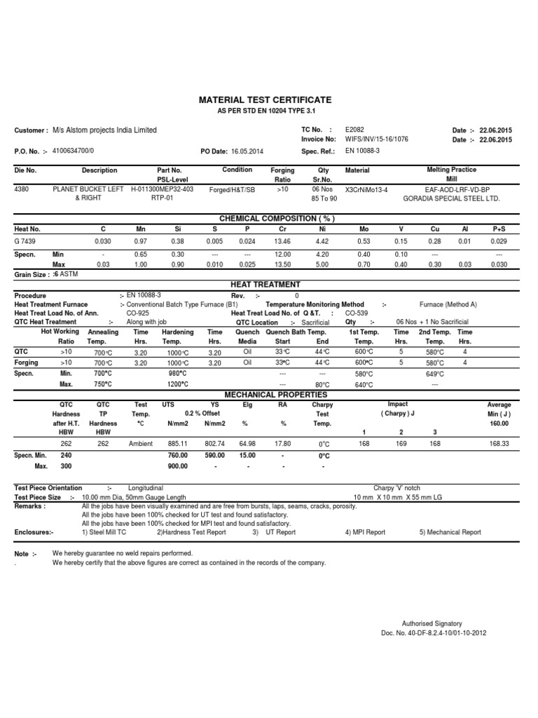 Material Test Certificate: M/s Alstom Projects India Limited | PDF ...