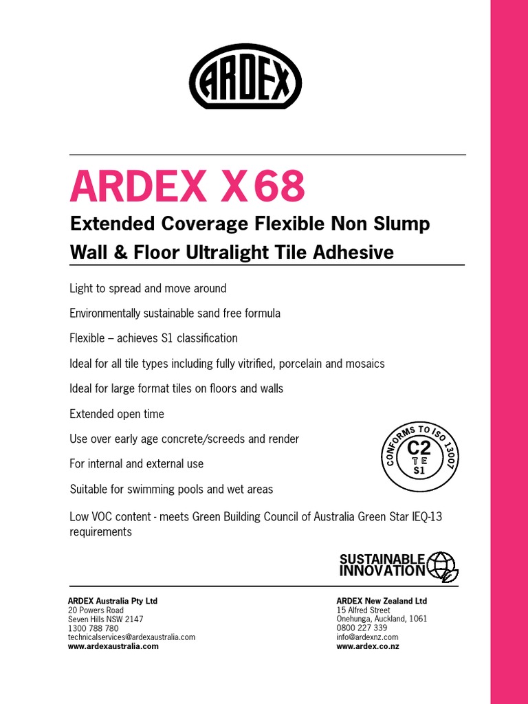 ARDEX X 68 Ultralight Adhesive Datasheet | PDF | Tile | Adhesive