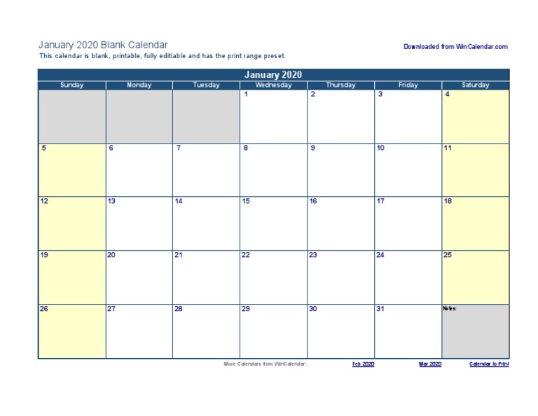 January 2020 Calendar | PDF